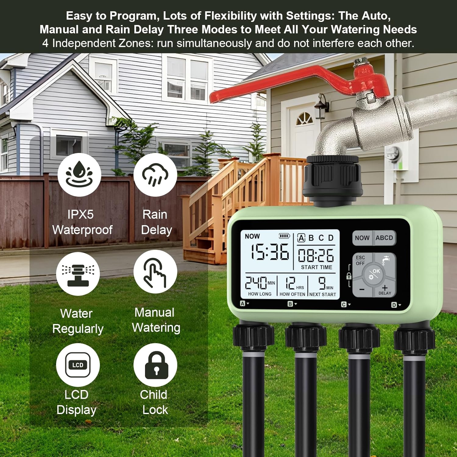 Pinolex – 4 Outlet Sprinkler Timer Water Timer, Programmable Garden ...